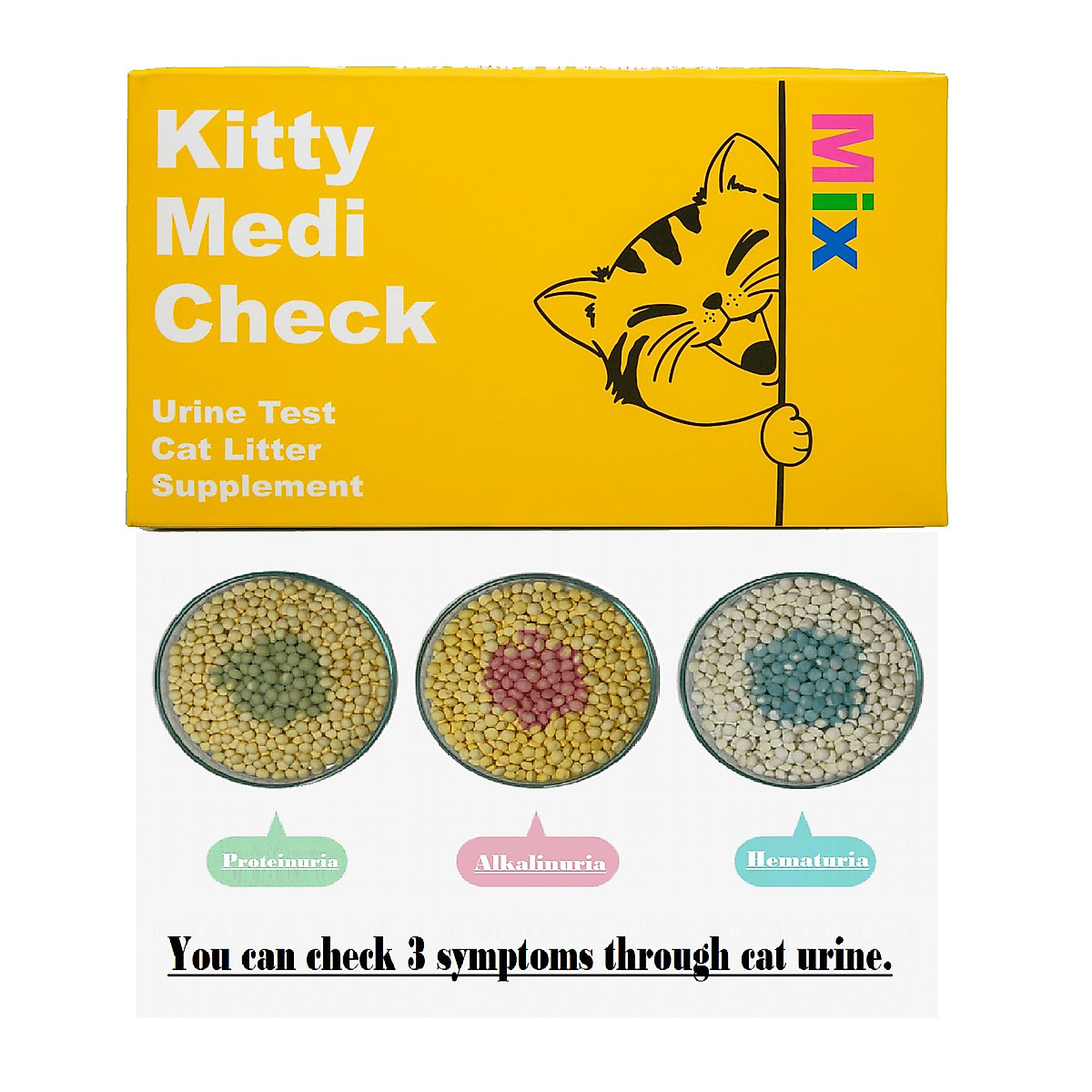 PETJOA Kitty-Medi-Check Cat Urine Health Test Kit, Easy Monitoring at Home,100% Eco-Friendly - Mix 3 Combo Pack (Alkalinuria, Proteinuria, Hematuria)-210g/7.4oz 100% Biodegradable.