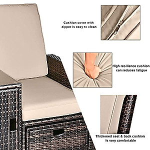 VUYUYU 5PCS Outdoor Wicker Chaise Lounge Chair - Rattan Adjustable Reclining Patio Lounge Chair with Ottoman and Coffee Table, for Patio Beach Pool Backyard (Brown Wicker Khaki Cushion)