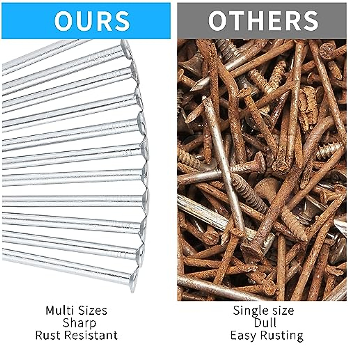 XKDOUS 722pcs 6 Sizes Hardware Nails Assortment Kit, Up to 3"-Long Galvanized Nails, Small Nails,Wood Nails, Wall Nails for Hanging Pictures