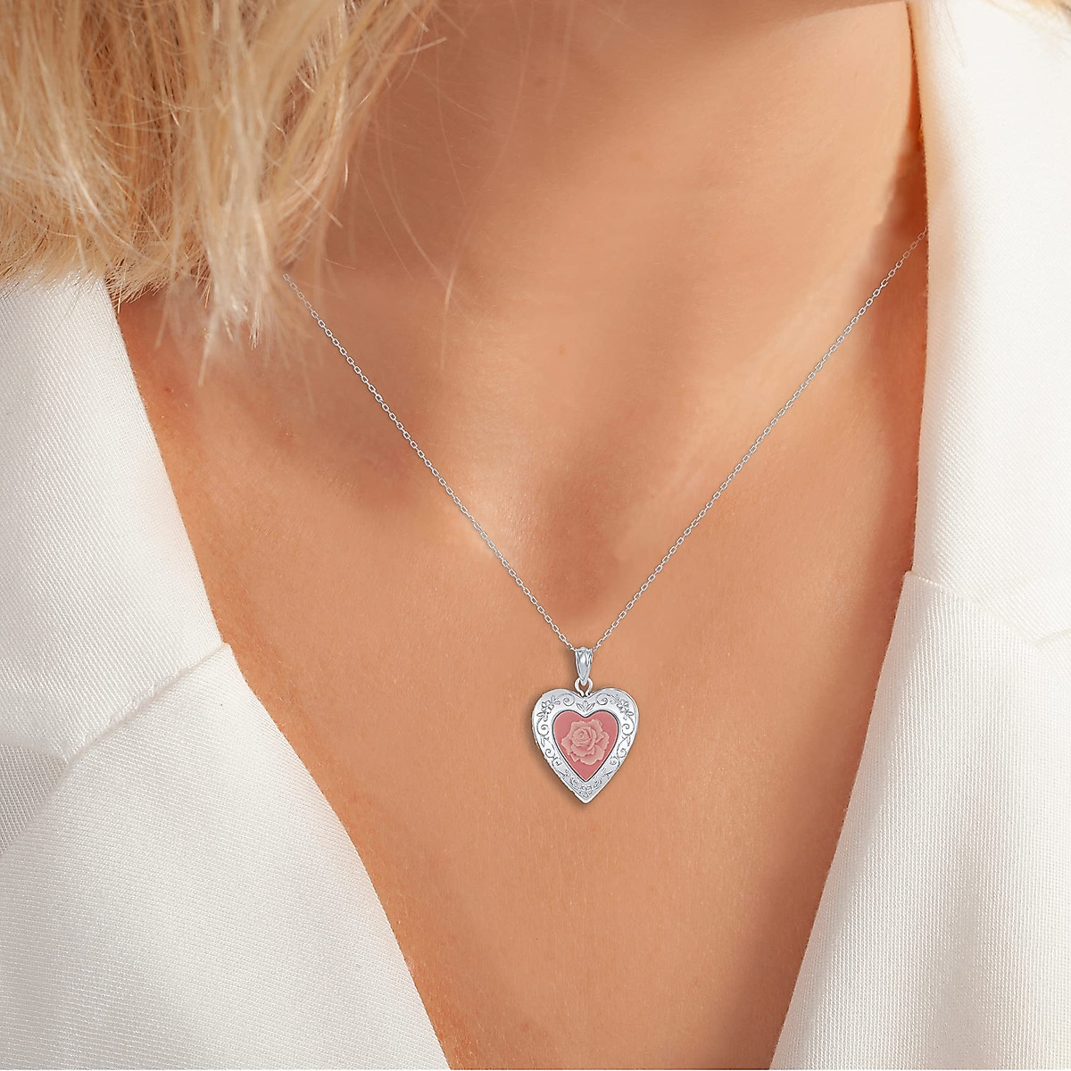 Beaux Bijoux Sterling Silver Rose Pink Cameo Designed Heart Locket Necklace