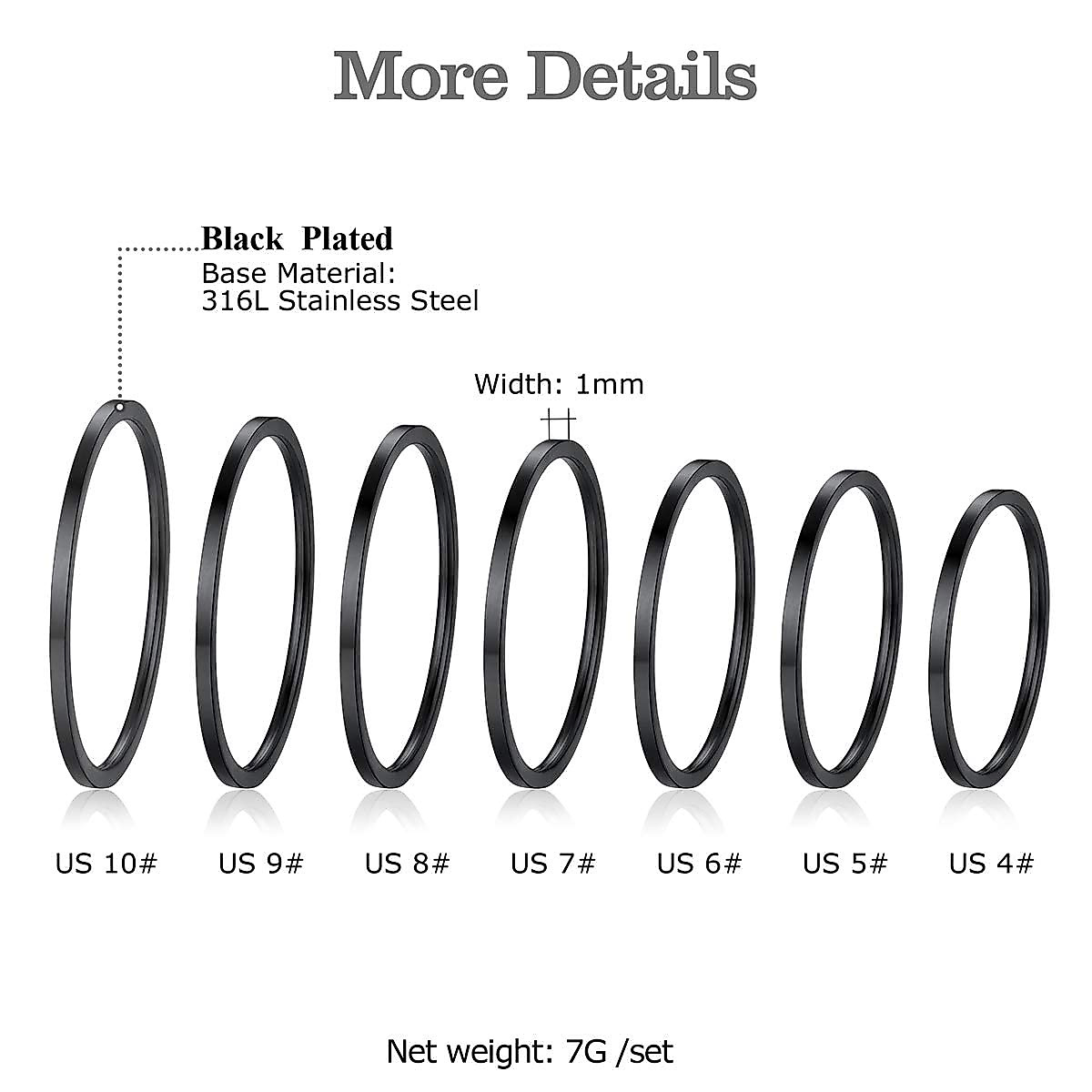 FOCALOOK Black Ring Set 1 mm Thin Mid Finger Rings 7 Pcs Black Knuckle Plain Band Rings for Women Thumb Stacking Rings Size 4-10