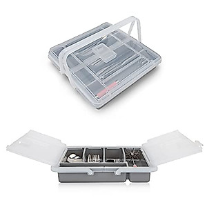 YICOCHI Portable Utensil Holder for Countertop with Lid & Handle, Plastic Silverware Tray for Drawer Flatware Organizer, Gray