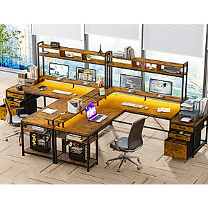 EnHomee L Shaped Desk with Drawers Large L Shaped Gaming Desk with LED & Storage Shelf Reversible Gaming Desk with Monitor Stand Power & Outlet Wide Home Office Desks with File Cabinet Brown