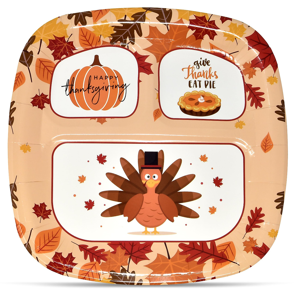 Gift Boutique 24 Pack Thanksgiving Divided Dinner Plate 9 inch Square 3 Section Plates for Fall Autumn Harvest Party Supply Disposable Paper Dinner Table Decorations with Turkey Pumpkin Leaf Design