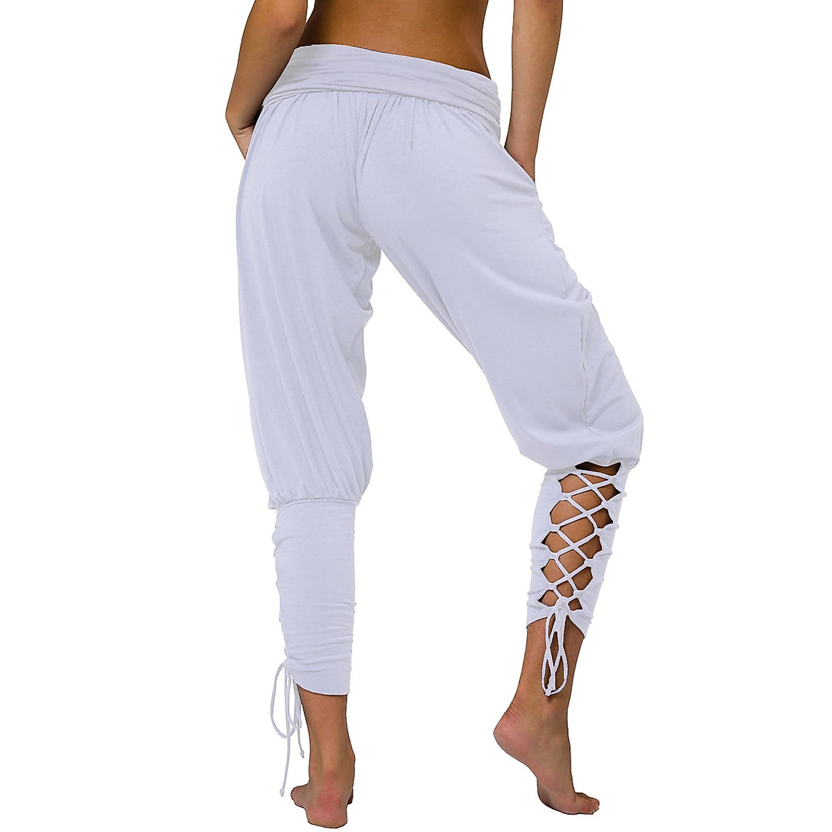 SOMTHRON Women's Casual High Waisted Harem Yoga Pants Loose Fit Lace Up Capris Leggings with Pockets WH-2XL White