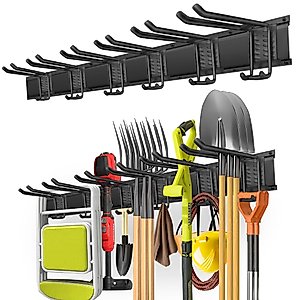 PIYILO Garage Organization, Garage Tool Organizer Wall Mount with 48 inches Rails and 6 Double-layer Hooks, Garden Tool Rack Heavy Duty, Garage Hanging Storage Rack For Yard Tools, Shovel, Shed