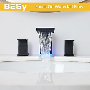 BESy Led 3 Hole Bathroom Sink Faucet, Matte Black Waterfall Wide Spread Bathroom Faucet with 3 Colors Light Changing, Widespread Vanity Faucet 2 Handle with Supply Lines with Pop Up Drain