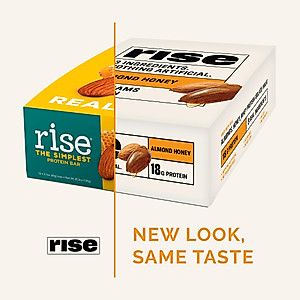 Rise Whey Protein Bars - Almond Honey | Healthy Breakfast Bar & Protein Snacks, 18g Protein, 4g Fiber, Just 3 Whole Food Ingredients, Non-GMO Healthy Snacks, Gluten-Free, Soy Free Bar, 12 Pack