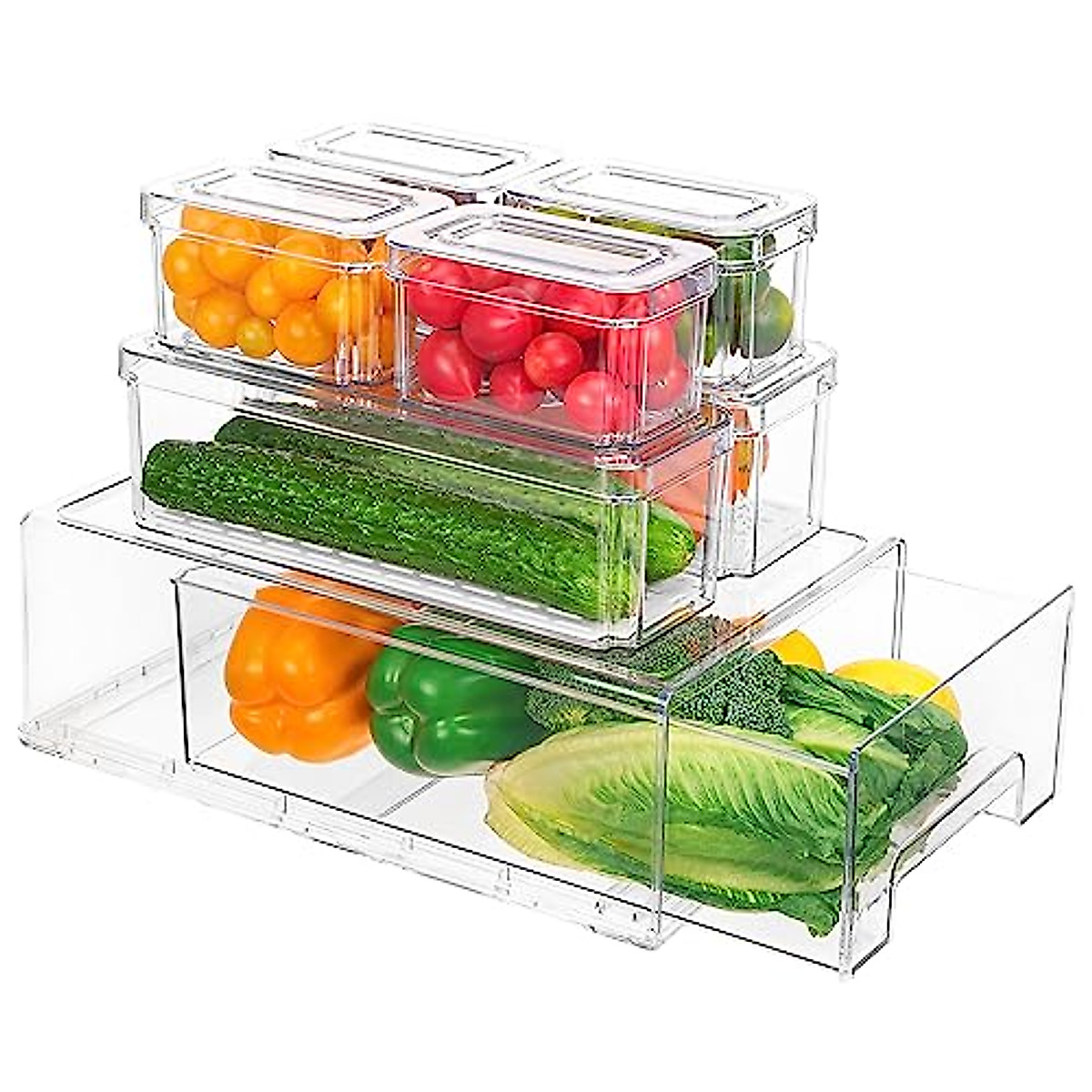 Moretoes 7pcs Rrifgerator Organizer Bins and Drawer Set, Clear Fridge Organization Box with Lids Stackable Fridge Drawer BPA-Free for Food Fruit Vegetable Drinks Kitchen
