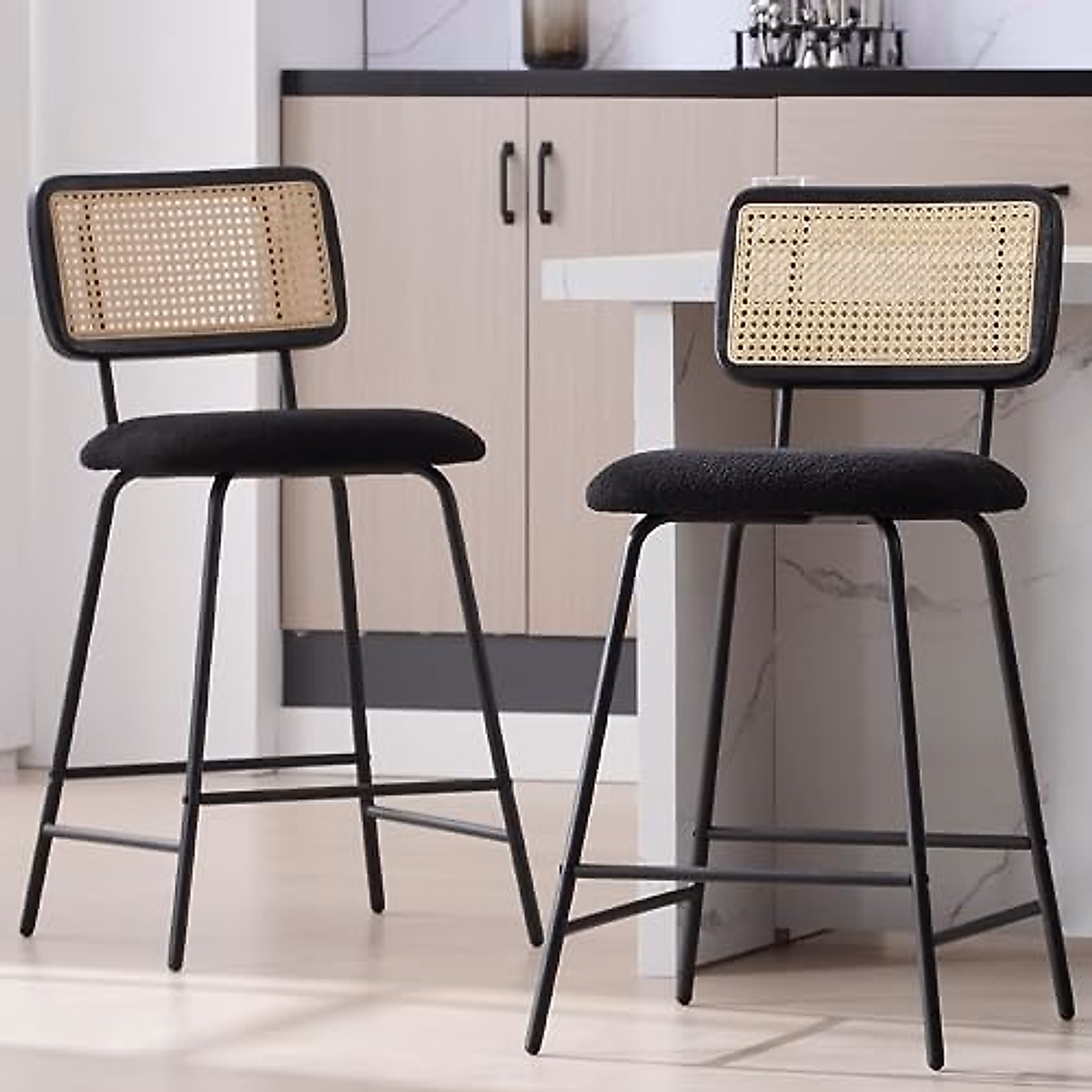 ZSARTS Black Rattan Barstools Set of 2, 26" Boucle Fabric Counter Height Bar Stools with Cane Back, Wicker Bar Chairs for Pub/Kitchen/Home Bar