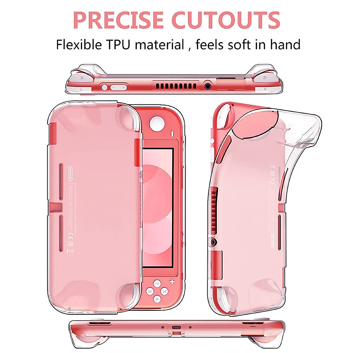 GeeRic 8PCS Case Compatible with Switch Lite, (Not Compatible With Switch) Carrying Case Accessories Kit, 1 Soft Silicon Case + 2 Screen Protector + 4 Thumb Caps + 1 Storage Carrying Bag Pink
