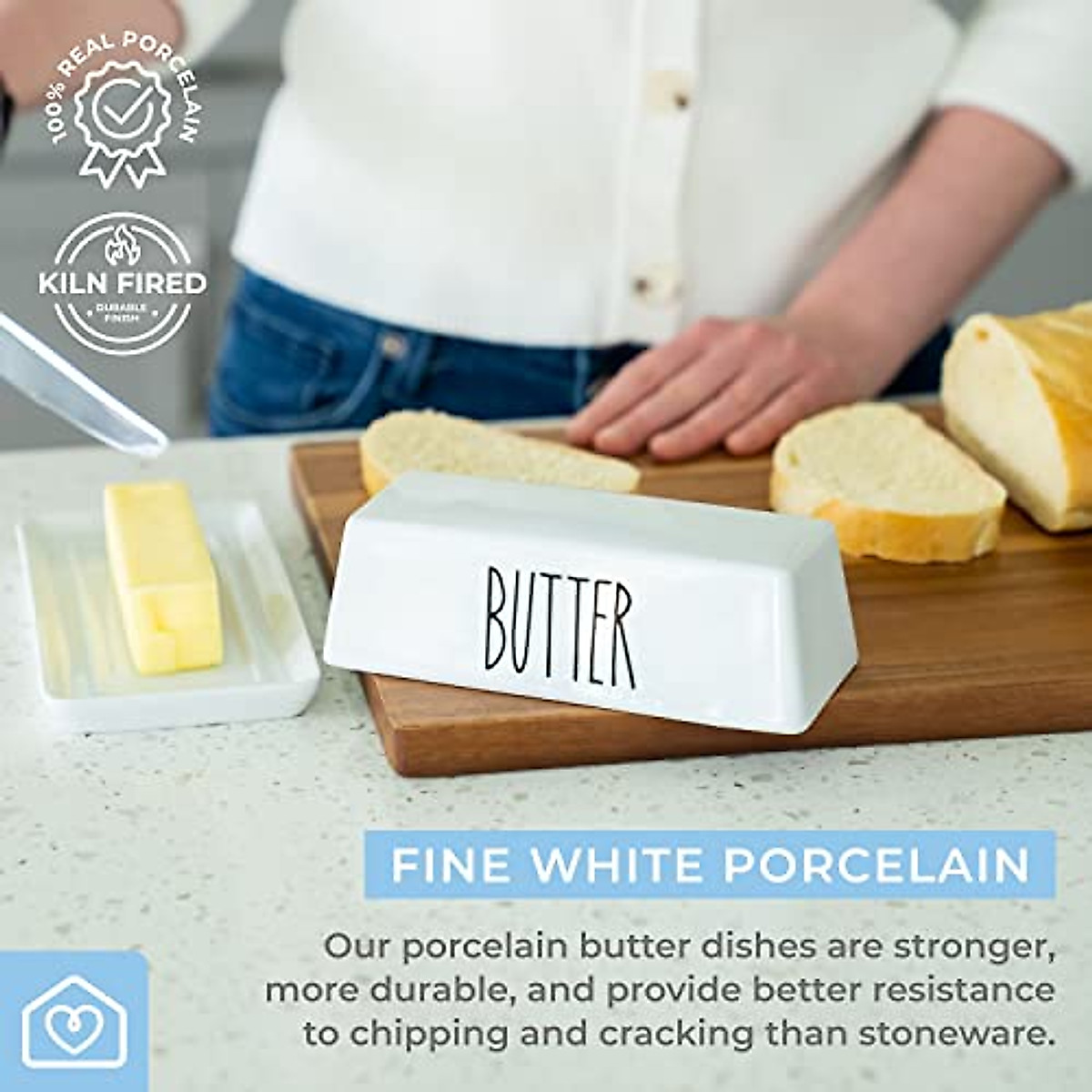 Heartland Home Porcelain Covered Butter Dish with Lid for Countertop (Without Handle). 7.6" x 3.8" Butter Holder Container for One Stick of Butter. Textured Tray Butter Keeper for Non Slip Storage