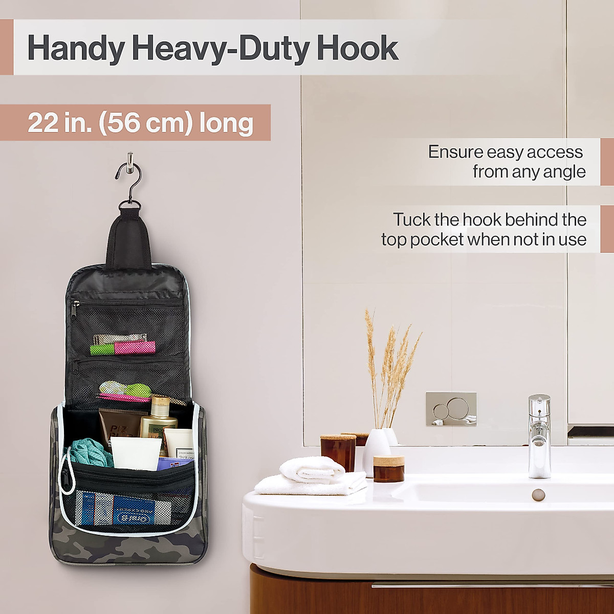 Wayfarer Supply Hanging Travel Toiletry Bag - Large Cosmetic Bag Organizer for Toiletries, Makeup and Shaving Supplies - Cruise and Travel Essentials for Women & Men, Camouflage