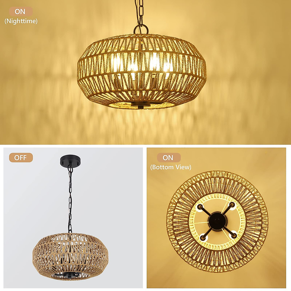 Farmhouse Rattan Pendant Lights, 15.7" 4-Light Boho Chandelier Light Fixture, Wicker Hand Woven Basket Pendant Hanging for Dining Room Living Room Kitchen Island Bedroom Foyer, Height Adjustable