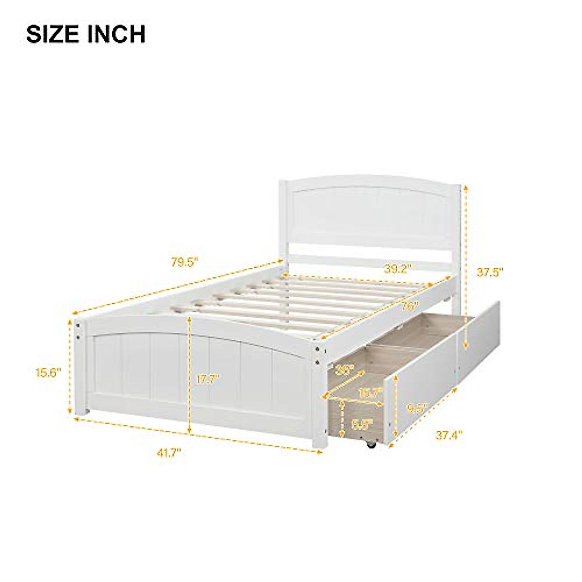 Twin Size Platform Bed with 2 Storage Drawers, Solid Wood Twin Bed Frame with Slat Support and Headboard for Kids, Teen, Adults, No Box Spring Needed(Twin, White)