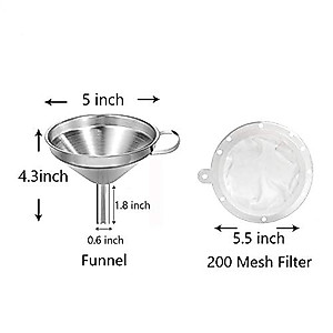 IAXSEE 5-Inch Funnel with Fine Mesh Strainer, 304 Stainless Steel Funnel with Extra Fine Mesh Strainer 200 Mesh Cooking Oil Filter Strainer ​for Juice Strainer Oil Strainer (Stainless Steel)