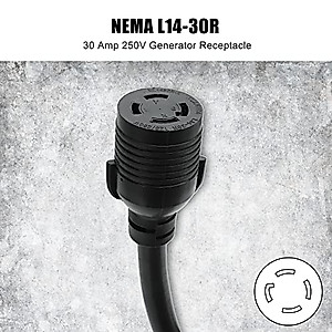 30 Amp RV Generator Transfer Switch Adapter Cord with Grip Handle, NEMA TT-30P to L14-30R Adapter Cord, 125/250V 3 Prong to 4 Prong Generator Plug Adapter, Generator to House Inlet Box, STW 10 AWG