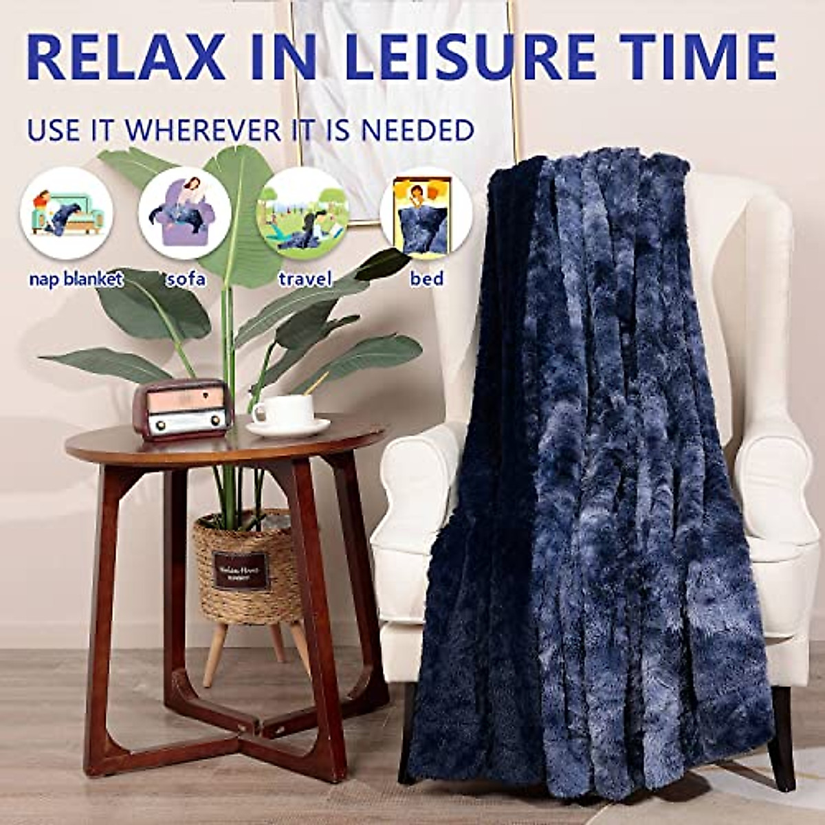 NANPIPER Faux Fur Blanket,Soft Fuzzy Blankets and Throws,Navy Blue 60"x80"