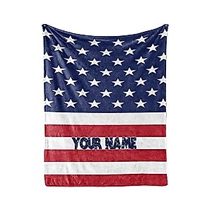 Personalized American Flag Themed Fleece Throw Blanket - USA Patriotic Red White and Blue Plush Bedding Americana Decor - Custom Large Blankets for Baby Girls Boys Man Woman (Adult 60"x80")