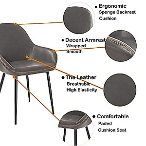 glitzhome Mid-Century Dining Chairs Set of 2 with Arm Leatherette Seat Metal Legs Living Room Bedroom Kitchen Modern Furniture, Grey