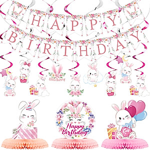 26 Pcs Easter Bunny Birthday Party Decorations Kit Bunny Party Supplies Bunny Birthday Banner Bunny Honeycomb Centerpiece Rabbit Hanging Swirls Cutouts for Girl Baby Shower Party Supplies