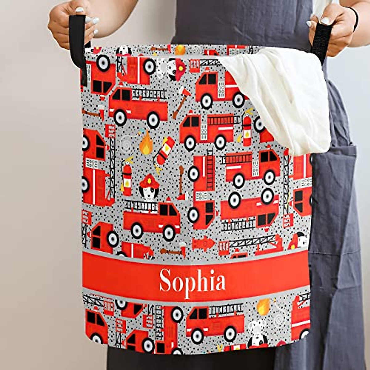 Firetruck Firefighters Large Storage Basket Personalized Laundry Hamper with Name Bathroom Home Decor Collapsible Round Storage Bin Boxes Clothing for Gift