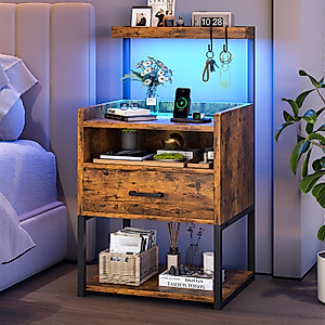 AOGLLATI Nightstand with Charging Station, Nightstand with Drawer and USB Ports, LED Night Stand for Bedroom, Bedside Table with Shelf, End Side Table Easy Assembly Edge Protection
