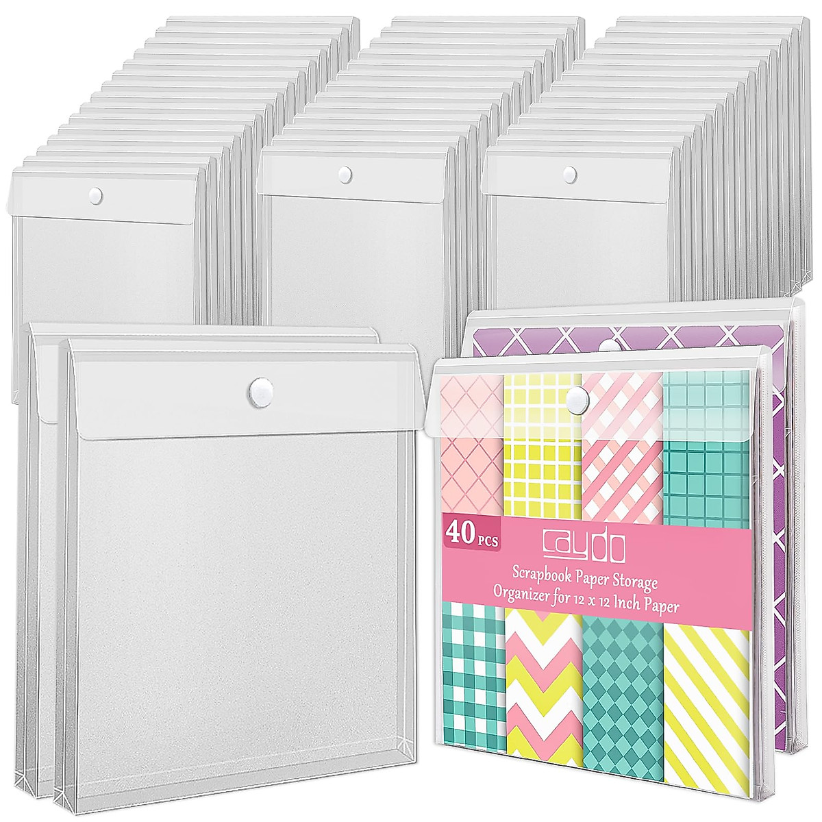 Caydo 40 Pieces Scrapbook Paper Organizer with Hook and Loop Closure, Clear 12x12 Paper Storage Organizer with 60 Pieces Adhesive Stickers for Holding Scrapbook Paper, Vinyl Paper, Files