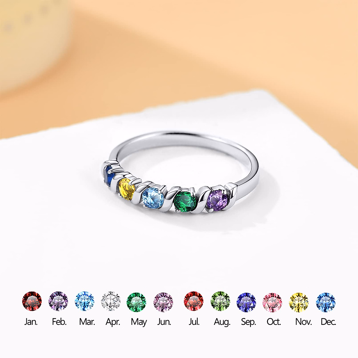 Custom4U Mother Name Rings with 5 Birthstones Customized Personalized Family Promise Sterling Silver Rings for Women Grandma