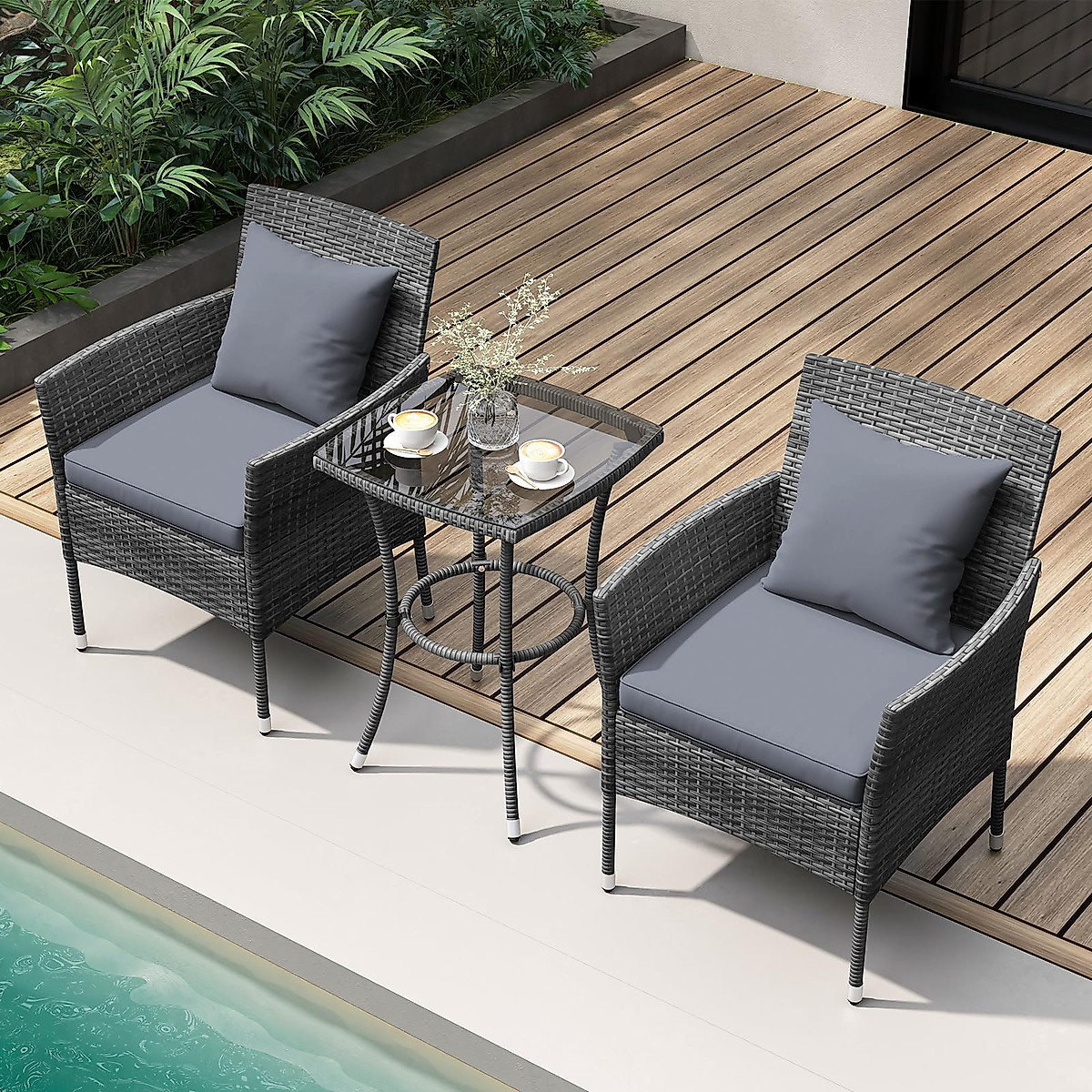 KOTEK 3 Pieces Patio Furniture Set, PE Rattan Outdoor Conversation Set with Tempered Glass Table & Soft Cushions, Wicker Bistro Set for Garden, Porch, Balcony (Grey)