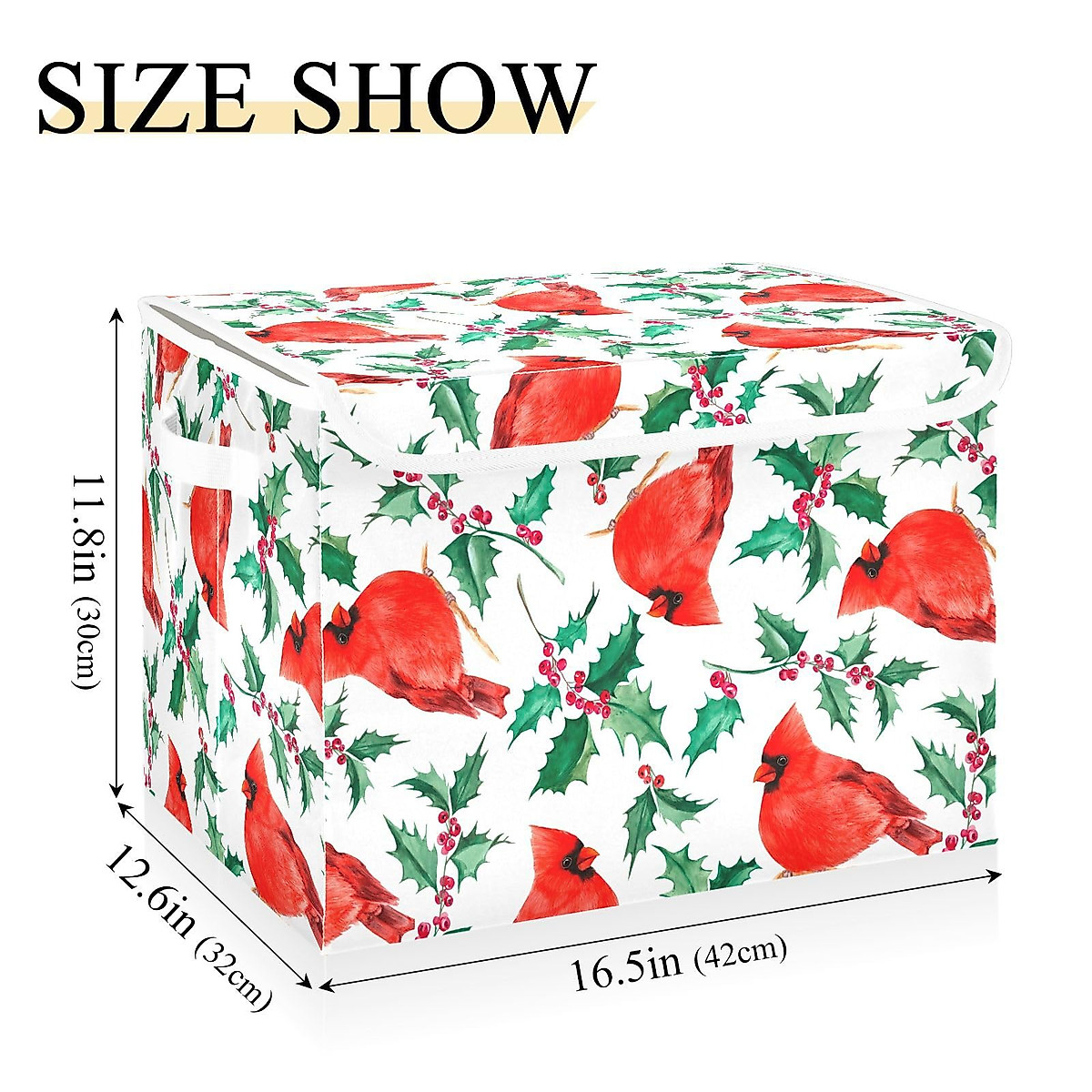 Krafig Foldable Storage Box Christmas Red Holly Berries Cardinal Birds Large Cube Organizer Bins Containers Baskets with Lids Handles for Closet Organization, Shelves, Clothes, Toys