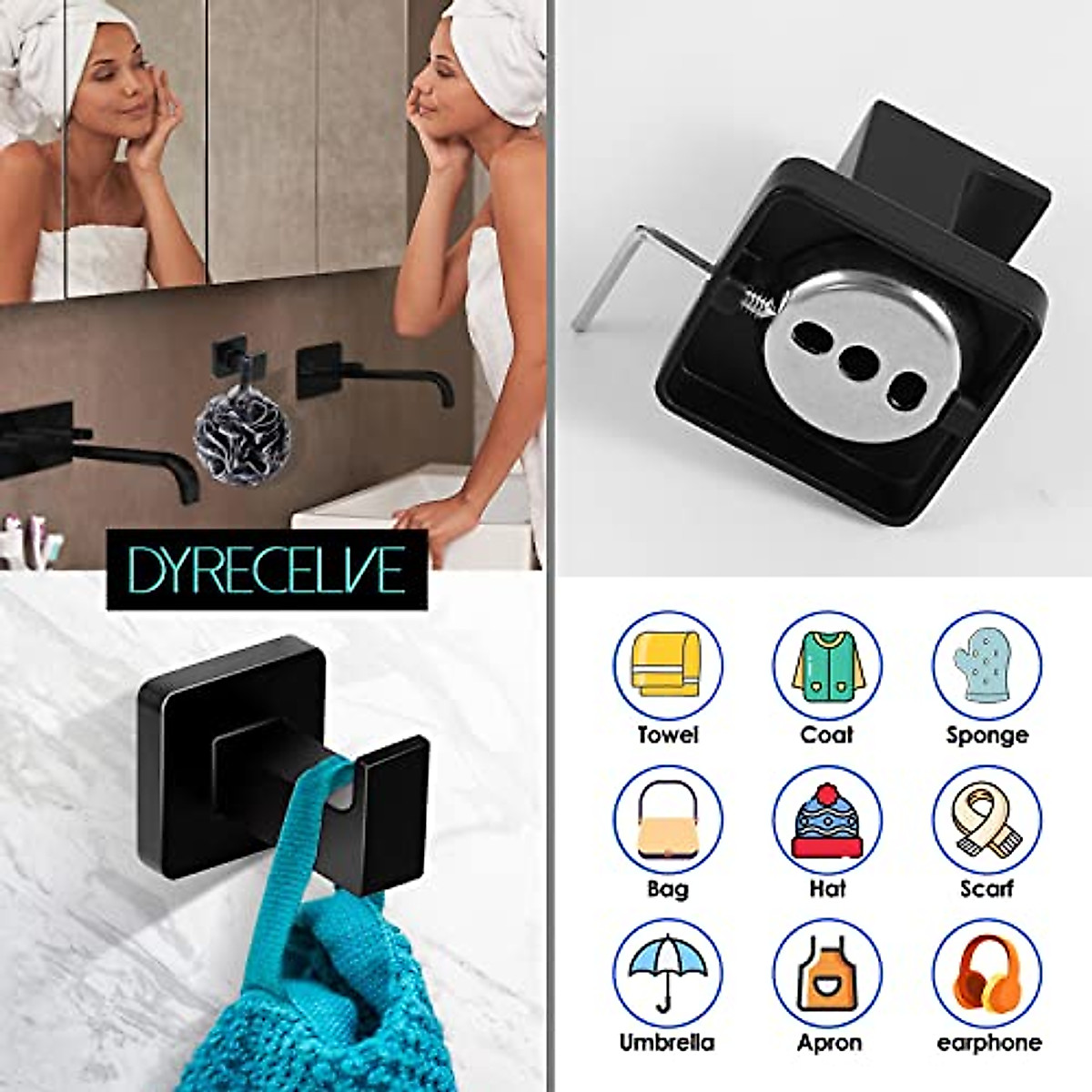 4-PCS Bathroom Hardware Set, Matte Black Bathroom Hardware Set, 16IN Towel Bar Set 304 Stainless Steel, Towel Rack Set Wall Mounted, Hand Towel Bars, Toilet Paper Holder, Towel Ring, Robe Towel Hook