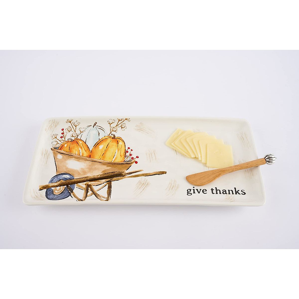 Mud Pie Thanksgiving Pumpkin Wheelbarrow Hostess Platter Set, Multi, Tray 7" x 15" | Spreader 6 1/4"