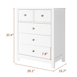 Senfot Drawer Chest Dresser Organizers Storage Wood Nightstand with 5 Drawers Furniture for Kids, Entryway and Living Room in White