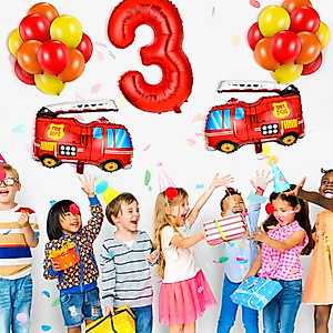 33 Pieces Fire Truck Party Decorations Set Include Number Foil Balloon, 2 Pieces Fire Engine Birthday Balloons and 30 Pieces Red Orange Yellow Latex Balloons for Rescue Theme Party (Number 3 Balloon)