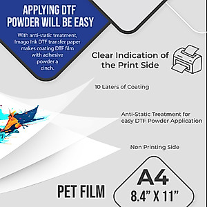 Imago Ink DTF Transfer Film 30 Sheets 8.4 x 11.7 Inches - Double Sided Matte Finish A4 PET Heat Transfer Paper for T Shirts and Clothing - Upgraded Premium Direct to Film for All Fabrics