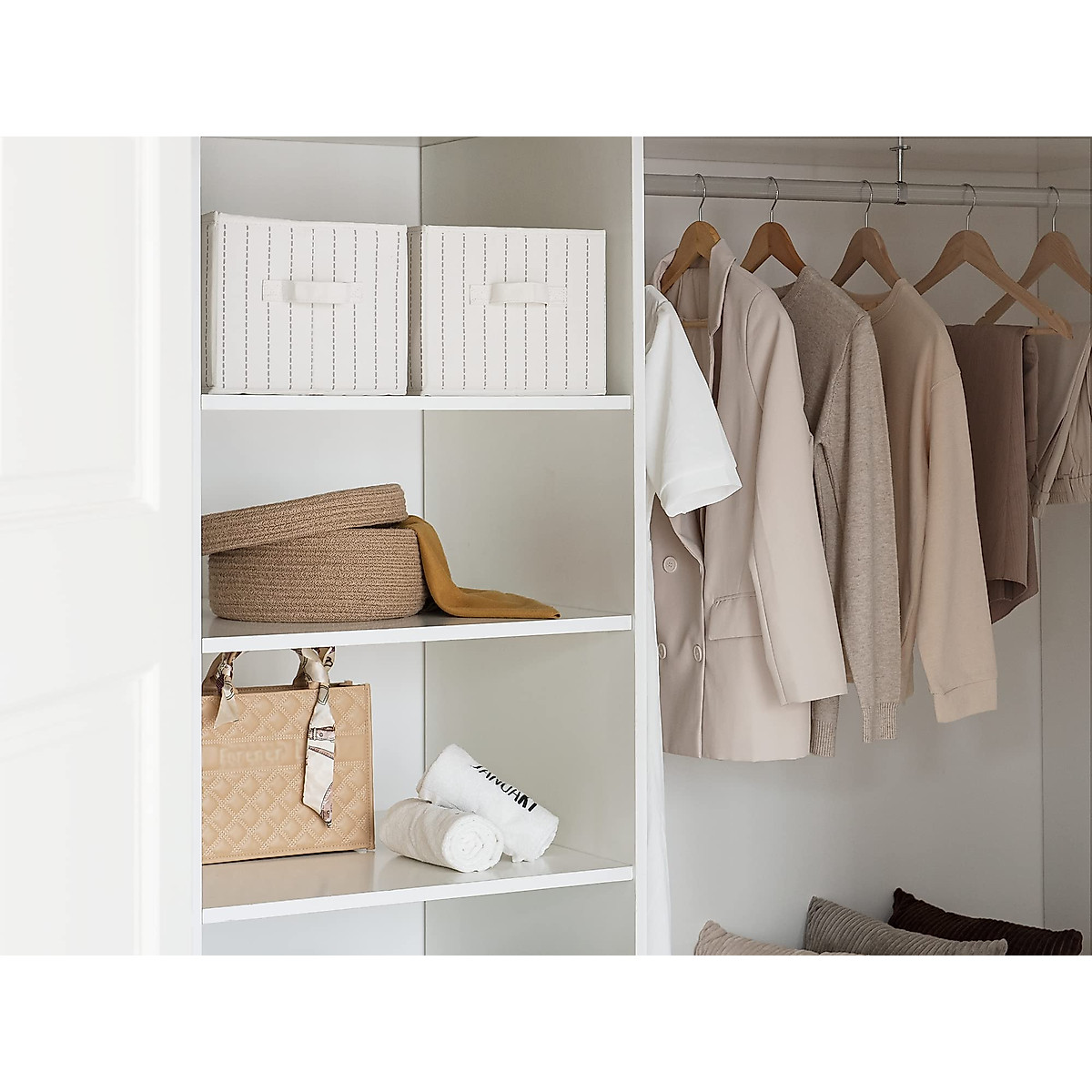 StorageWorks Storage Baskets for Shelves, Fabric Closet Storage Bins with Handles, Rectangle Basket Organizer, White with Grey, Dotted Line, 2-Pack