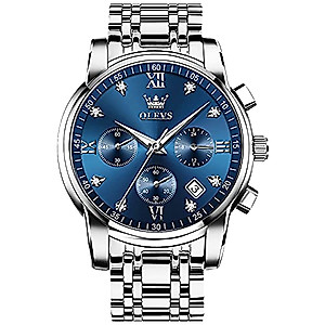 Men's Diamond Watches Blue Dial Roman numerals Chronograph Watches for Men Stainless Steel Band Fashion Luminous Hands Multi-Function Quartz Watches Water Resistant Silver Tone Men Watch with Date