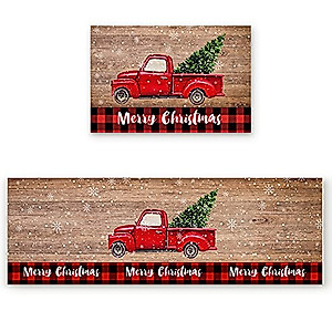Arts Print Kitchen Rug Mat Set of 2,Christmas Red Car Black Red Plaid Vitage Wood Plank Runner Rug,Non-Slip Durable Kitchen Floor Mat for Sink,15.7x23.6Inch+15.7x47.2Inch 15.7X23.6in+15.7X47.2in