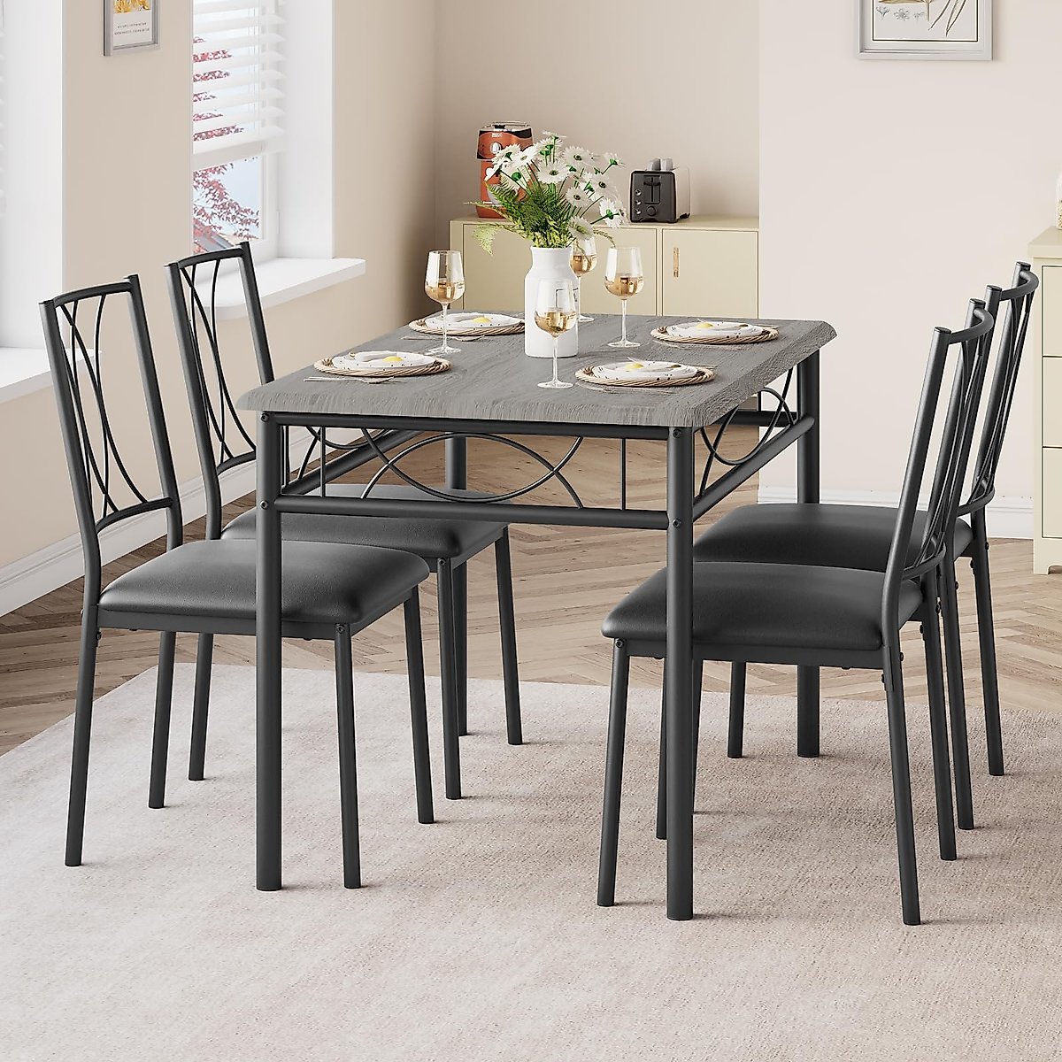 IDEALHOUSE Dining Table Set for 4, Kitchen Table and Chairs for 4, Rectangular Dining Room Table Set with 4 Upholstered Chairs, 5 Piece Dining Table Set for Small Space, Apartment, Rustic Gray