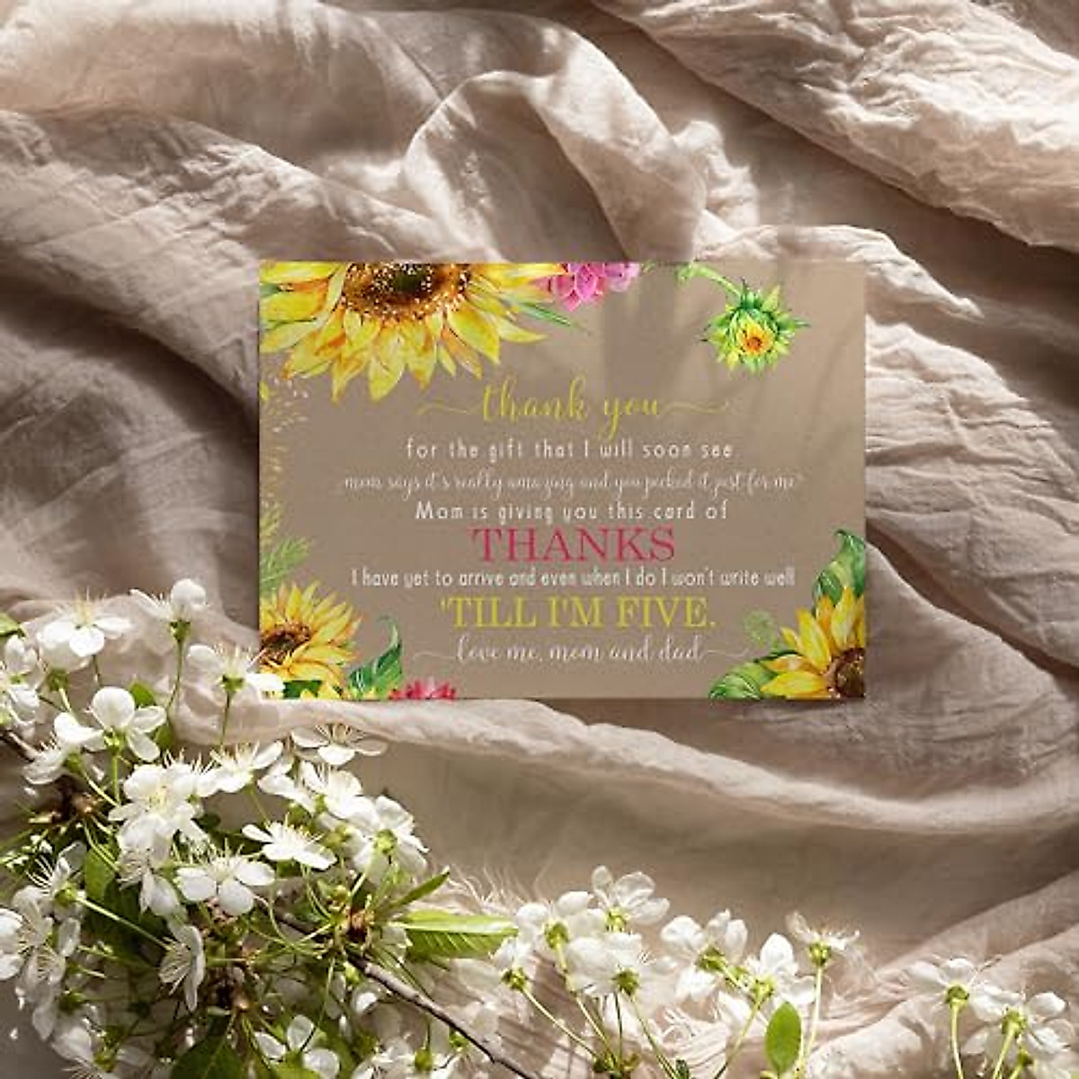 Sunflower Baby Thank You Cards, 15 Pack – Cute Baby Shower Notes with Envelopes Set, Prefilled Message, Customizable and Personalize Blank Stationery Rustic Floral, New Parents Gift Ideas
