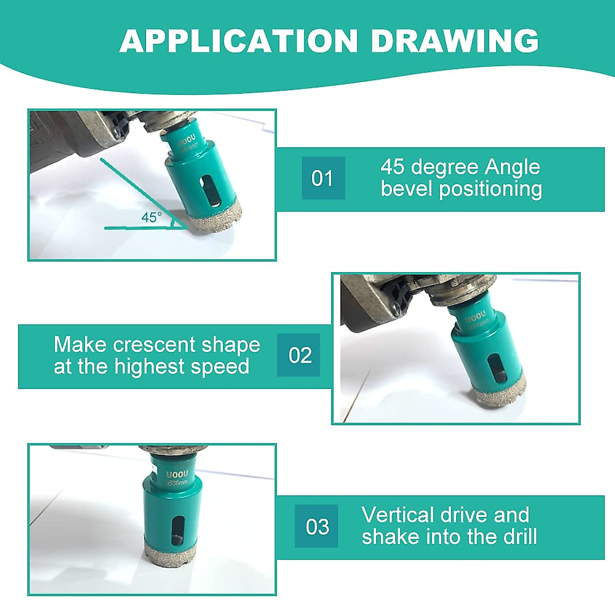 UOOU Diamond Core Drill Bits 1-1/2 Inch(38mm) for Porcelain Ceramic Tile Marble Brick Vacuum Brazed Hole Saw.