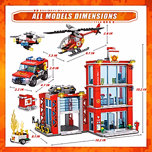 WishaLife City Fire Station Building Blocks Set, Fire Truck, Helicopter, Drone, Rescue Gear, Fire Command Center Playset, Firefighters Roleplay Toy Gifts for Kids Boys Girls Ages 6+ (744 Pieces)