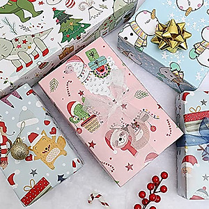 AUCLAY Christmas Wrapping Paper Rolls for Kids Holiday Gift Wrap - Cute Styles Included Dinosaur, Snowman, Santa Animals, Alpaca and Sloth - Pack of 4, 23.6 Inch X 8 Feet per Roll