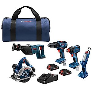 BOSCH GXL18V-501B25 18V 5-Tool Combo Kit with Two-In-One Bit/Socket Impact Driver, 1/2 In. Hammer Drill/Driver, Reciprocating Saw, Circular Saw, LED Worklight and (2) CORE18V 4.0 Ah Compact Batteries