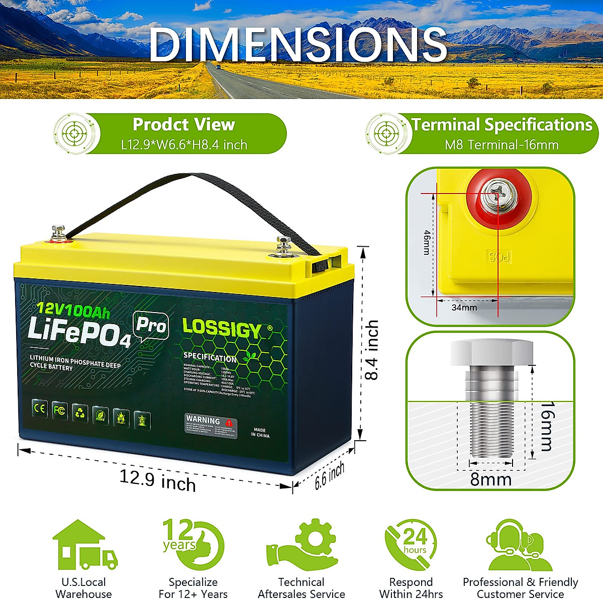 LOSSIGY 12V 100AH LiFePO4 Lithium Battery with 100A BMS, 1280Wh Deep Cycle Power Supply, Perfect for Solar System, RV, Marine, Off Grid, Golf Cart,
