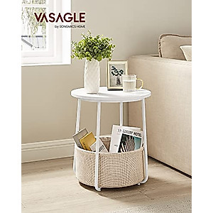 VASAGLE Small Round Side End Table, Modern Nightstand with Fabric Basket, Classic White, Sand Beige, 1 Count