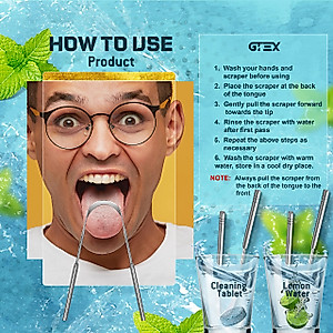 GTEX Tongue Scraper (3 Pack) with Travel Pouch - Medical Grade 100% Stainless Steel Metal Tongue Cleaner for Adults and Kids - 3 Tounge Scrapers