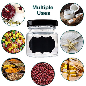 Comrzor 1.5 OZ Mini Hexagon Glass Jars, 48 Pack Empty Honey Jars Small Spice Jars with Black Lids and 50pcs Labels for Jam, Homemade Projects, Gifts, Wedding Party Favors