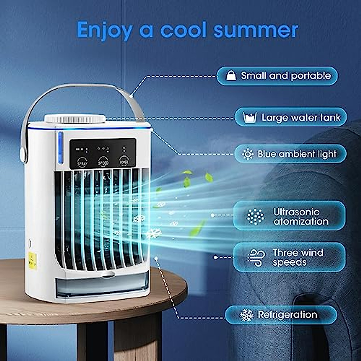 Quiet Mini Ac - 500ml Quiet Mini Air Conditioner, Aire Acondicionado Portatil para Cuarto with Blue Atmosphere Light, 3 Mist Modes | Mini Air Conditioner Fan for Room/Office/Camping/Table Car